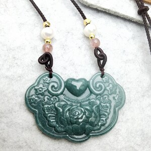 Natural Jadeite Pendant Carved Flower Longevity Lock 花开富贵 长命锁 With ...