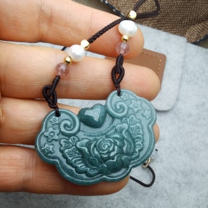 Natural Jadeite Pendant Carved Flower Longevity Lock 花开富贵 长命锁 With ...