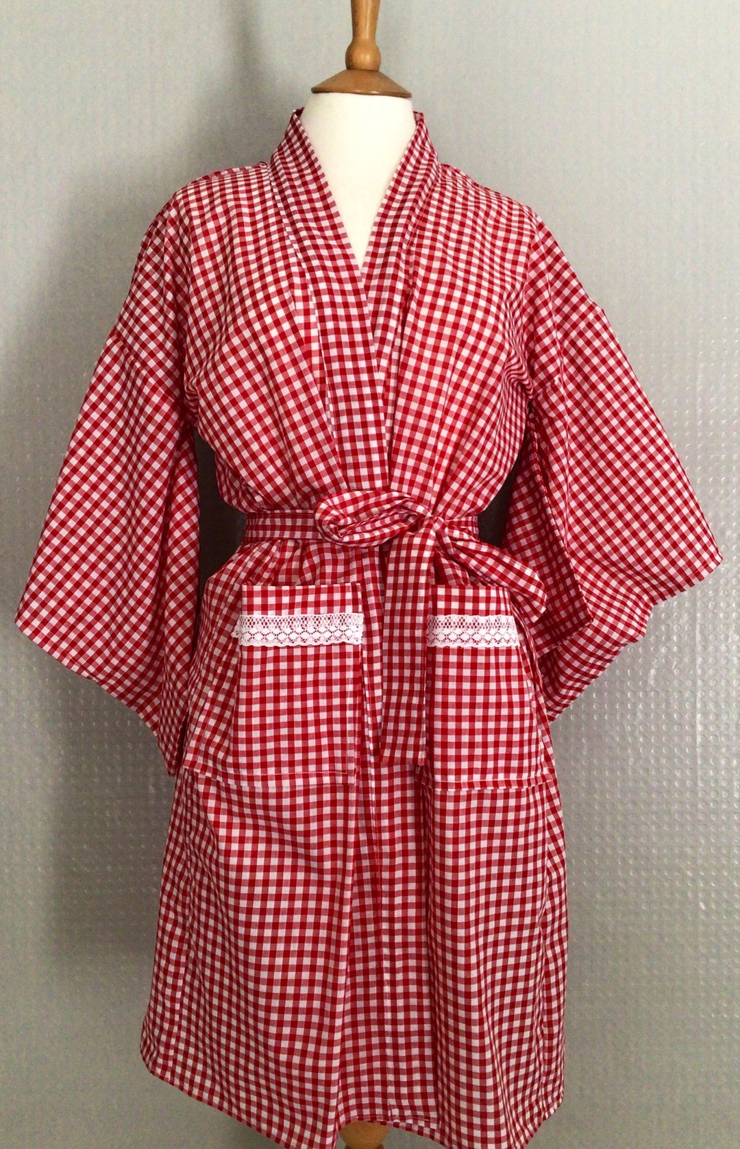 Red & White Gingham Check Dressing Gown Nightwear Robe With Kimono ...