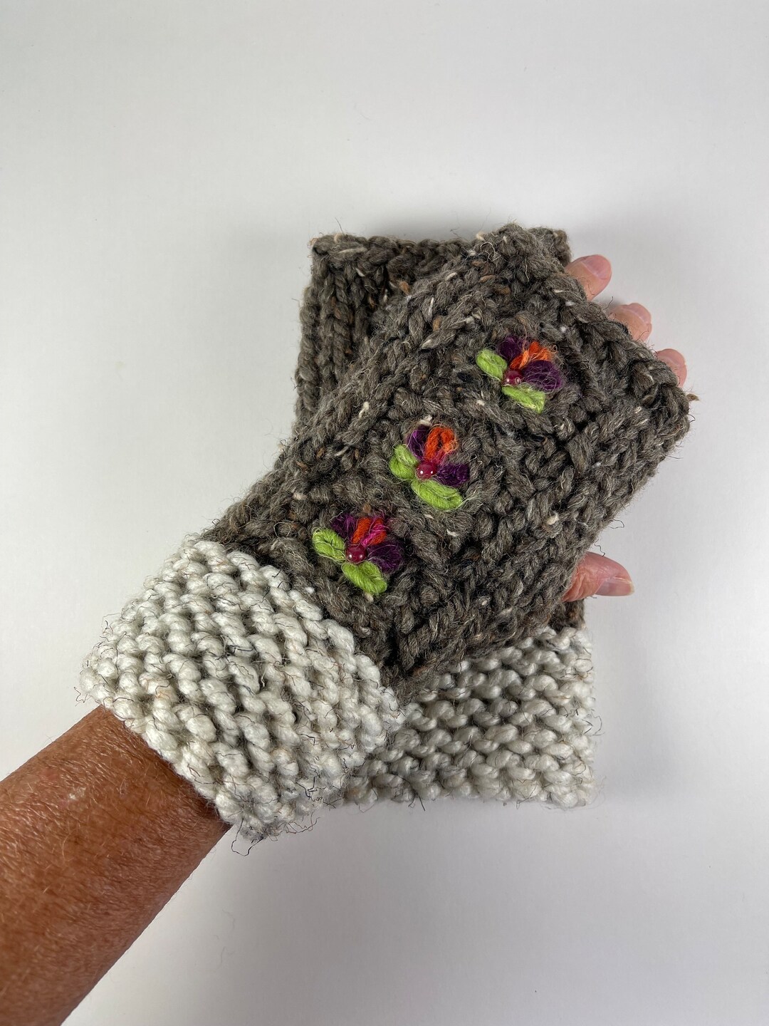 Hand Knit Embroidered Fingerless Gloves, Embroidered Fingerless Mittens ...