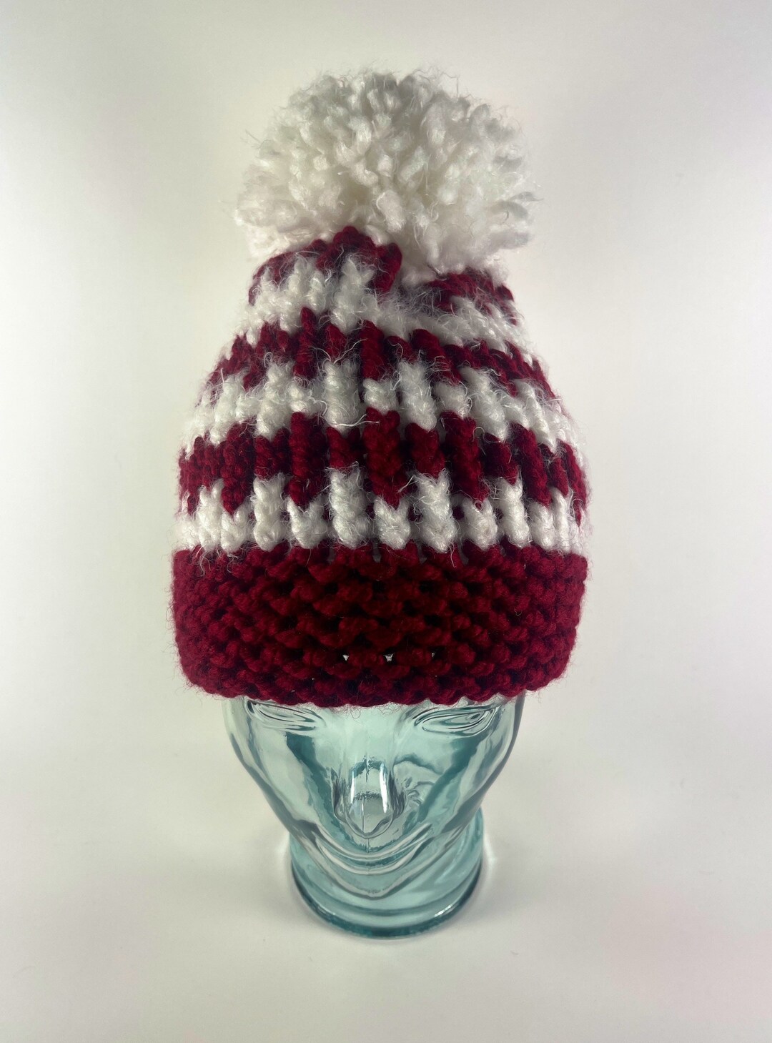 Pom Pom Hat, Hand Knit Pom Pom Hat, Cloche, Toque, Beanie, Red & White ...