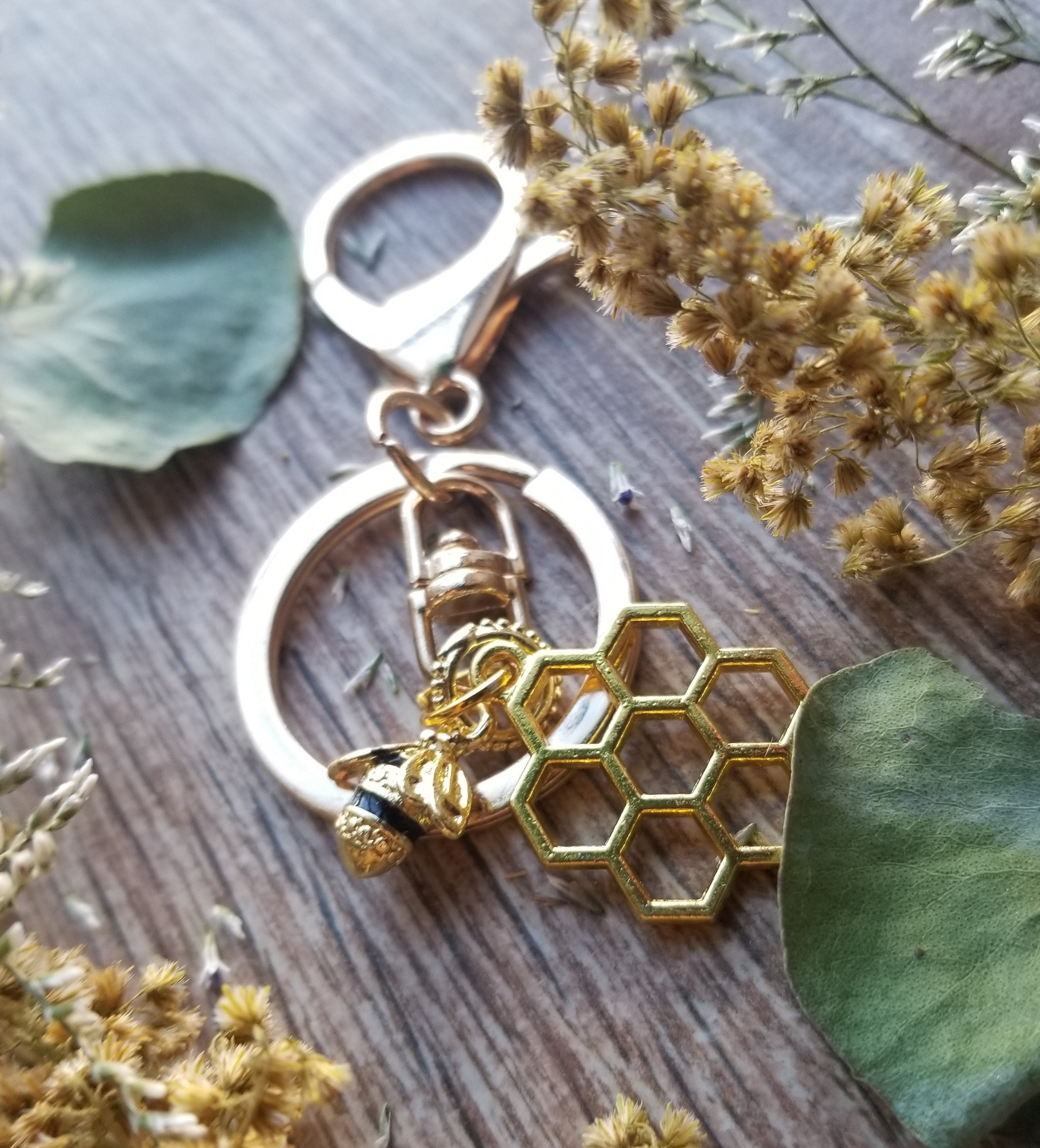 Bee honeycomb keychain beehive bee keychain gold | Etsy