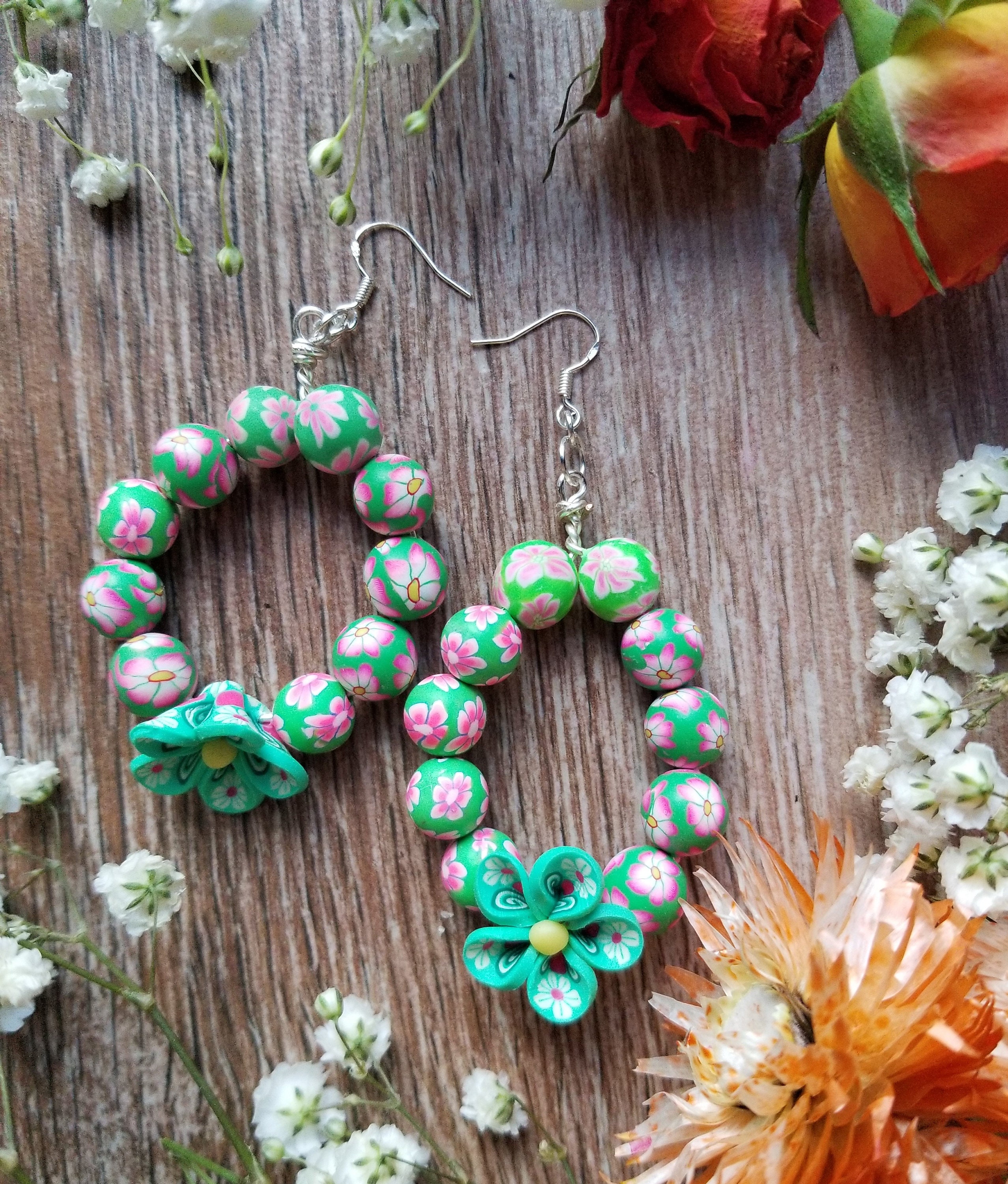Polymer earrings polymer clay flower earrings beaded | Etsy