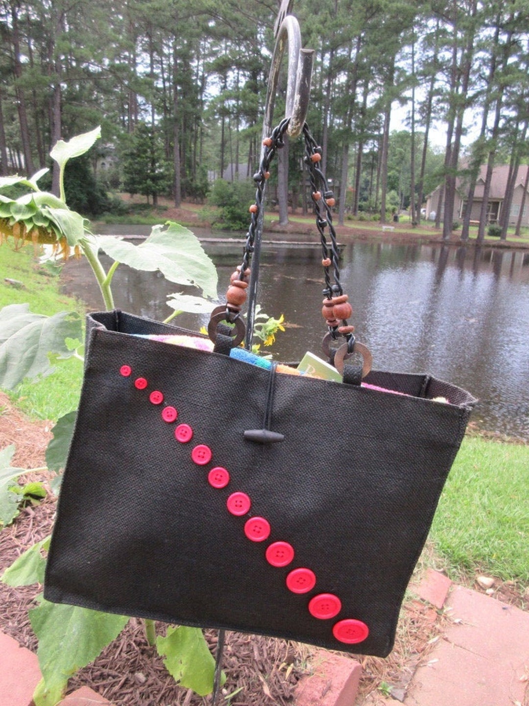 BLACK Canvas Tote Bag With Red Buttons and Designed Handle. - Etsy