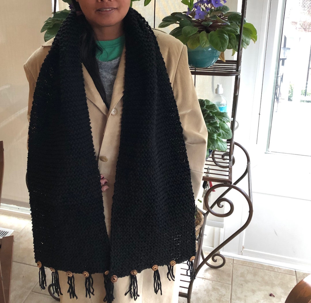 Black Scarf, Hand Knitted. Button Accents. Large Black Scarf , Warm ...
