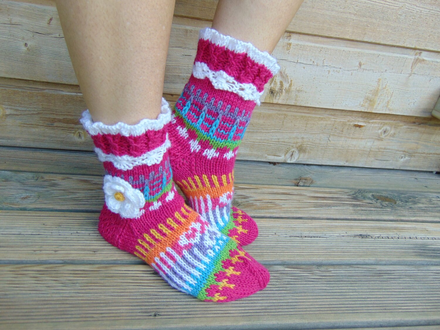 Hand Knit Socks. House Colorful Socks With Flowers. Pink - Etsy