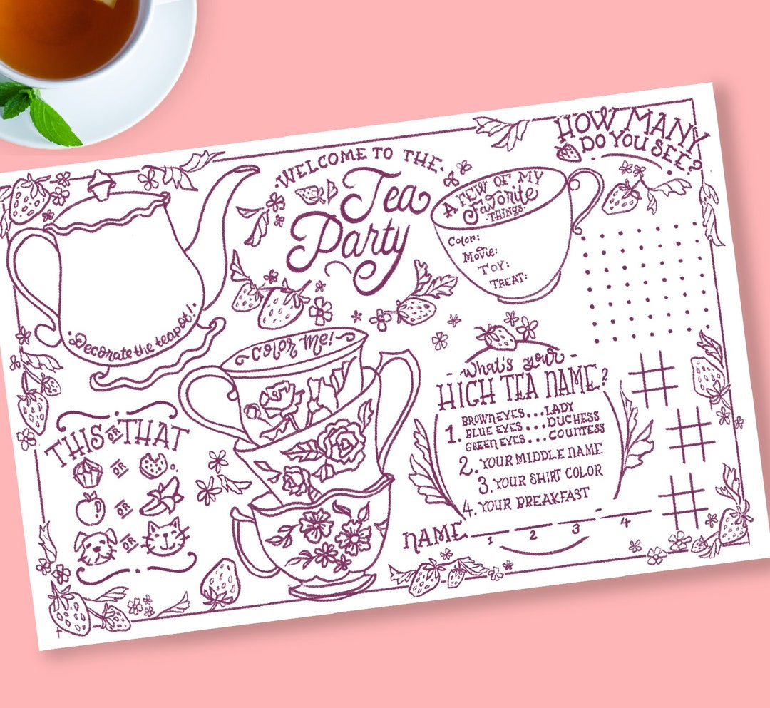 Tea Party Coloring Placemat, Tea Time, Printable, High Tea Birthday ...