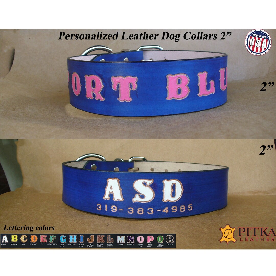 Personalized Leather Dog Collar - Blue Custom Made Collar With Name ...