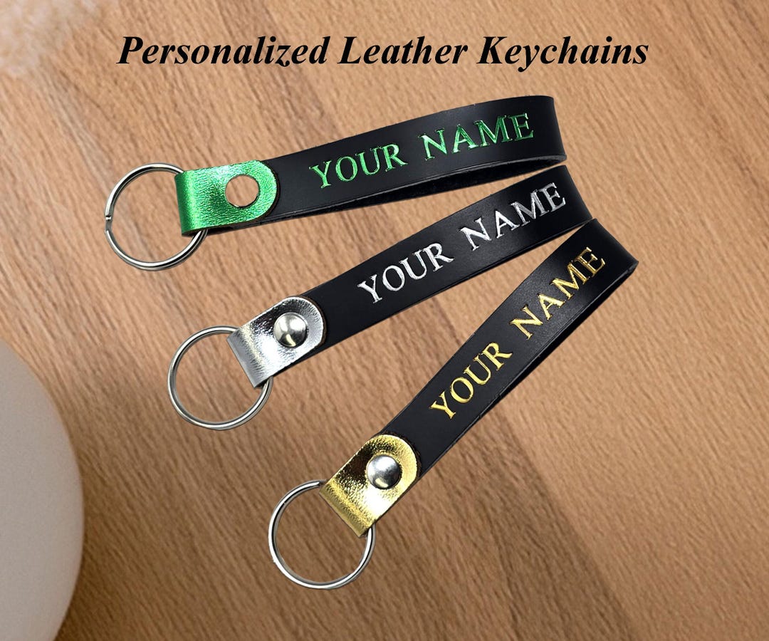 Personalized Two-tone Leather Keychains • Metallic Loop Keyring With ...