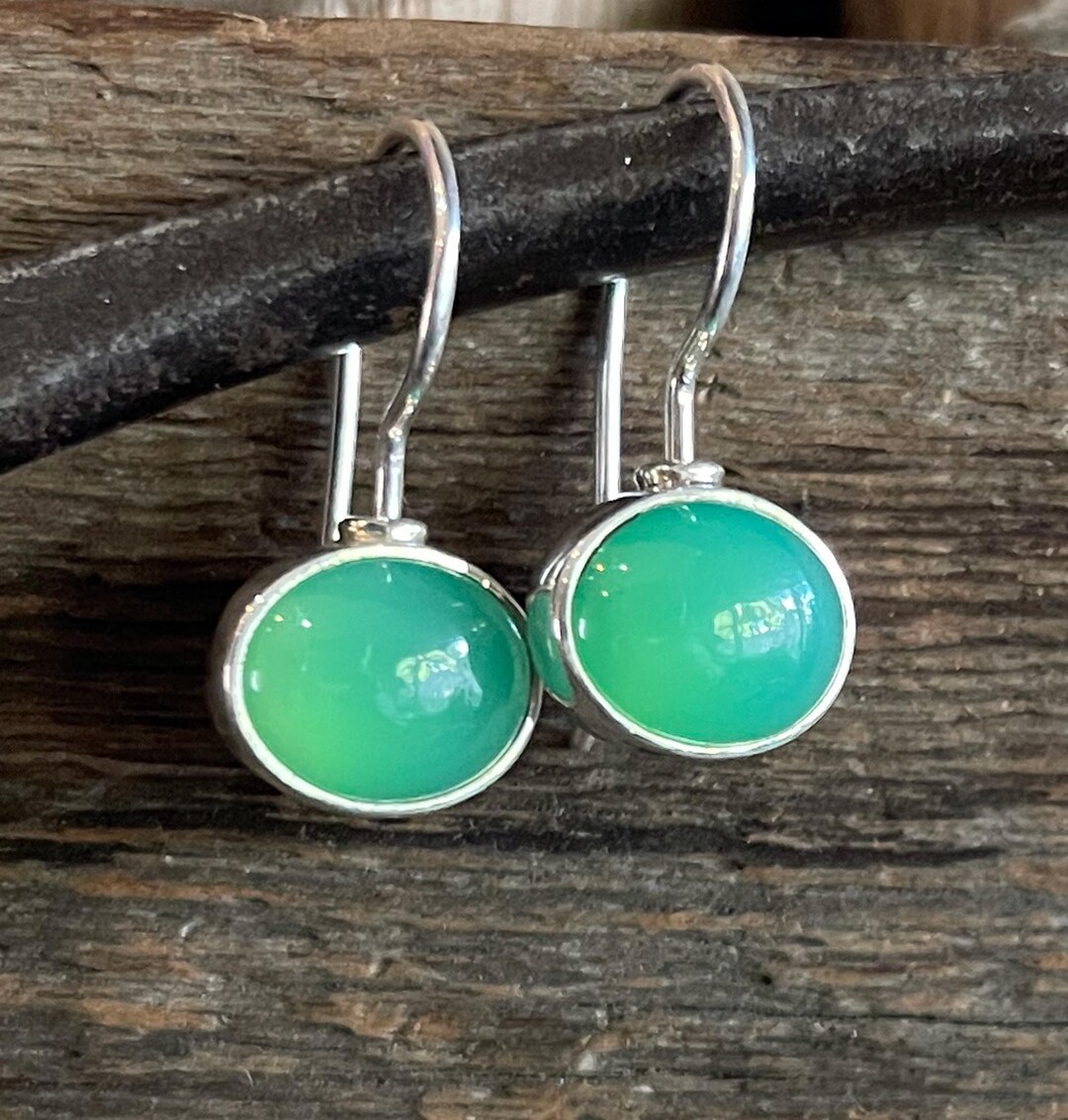 Chrysoprase Earrings, Sterling Silver Earrings Oval Chrysoprase Gemstones, Dangle Drop Earrings ...