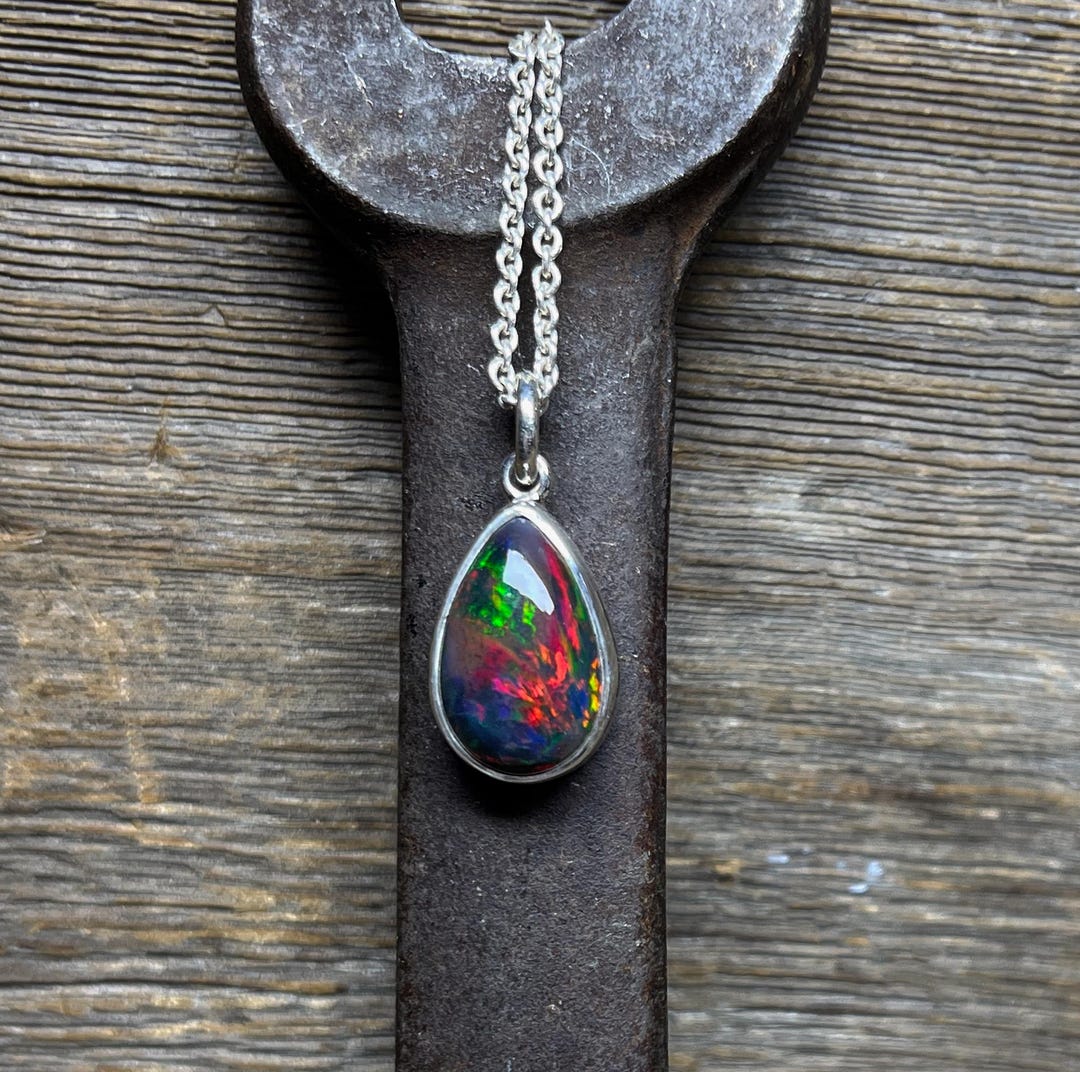 Black Opal Pendant, Natural Black Ethiopian Opal Necklace in Sterling ...