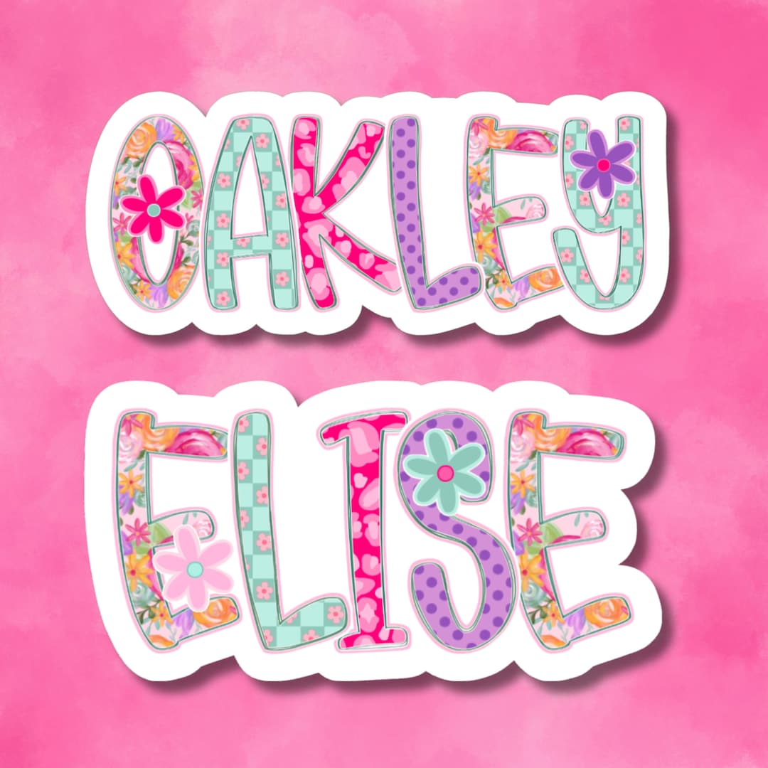 Custom Floral Name Stickers, Whimsical Personalized Decals, Pink ...