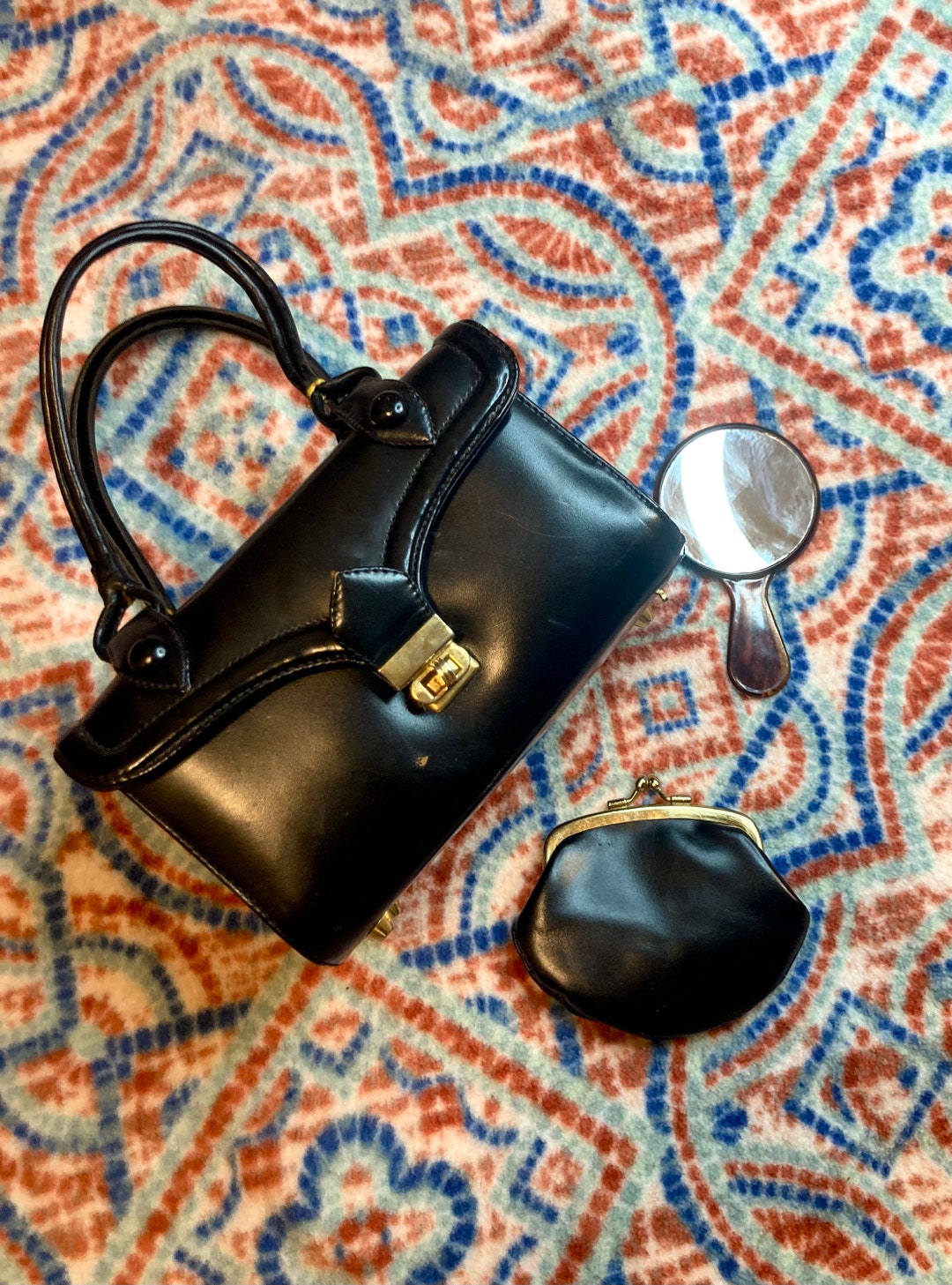 70s 80s Black Leather Box Hand Mirror Coin Purse Top Handle Mid Century ...