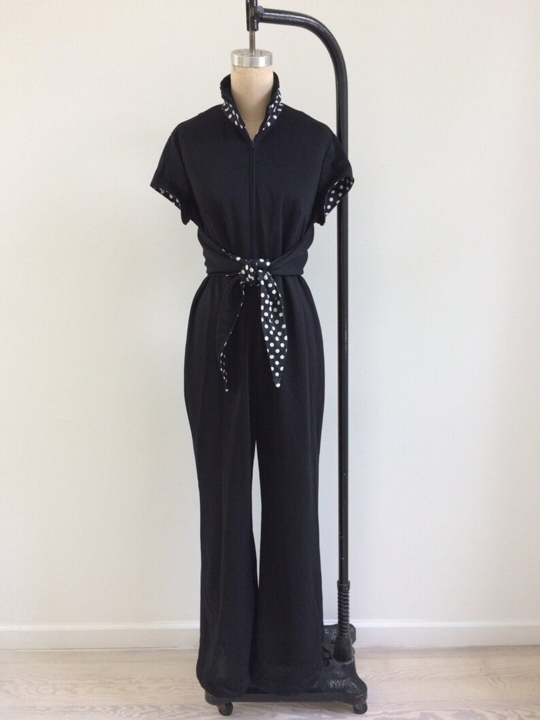 70s Volup Black and White Polka Dot Preppy Flare Wide Leg Tie Waist ...