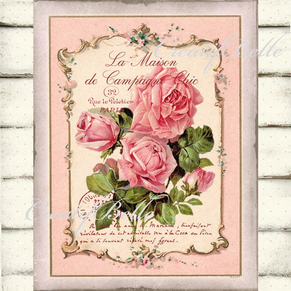French Vintage Pink Shabby Chic Roses Large Image Instant | Etsy