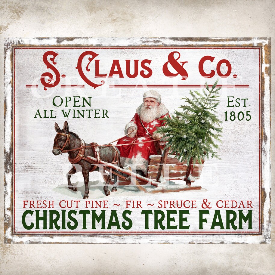 8.5x11 Inch Plus 4 Inch Square Vintage Santa Christmas Tree Farm Sign ...