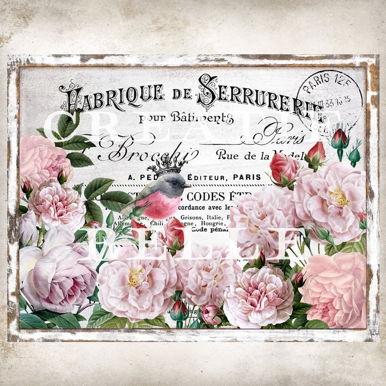 French Shabby Roses Sign Shabby Chic Wreath Decor Transfer Shabby Chic ...