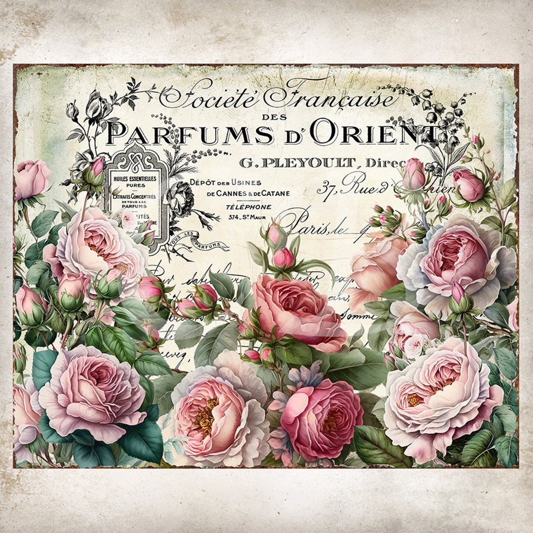 Rustic French Vintage Victorian Roses Perfume Label DIY Wall Sign ...