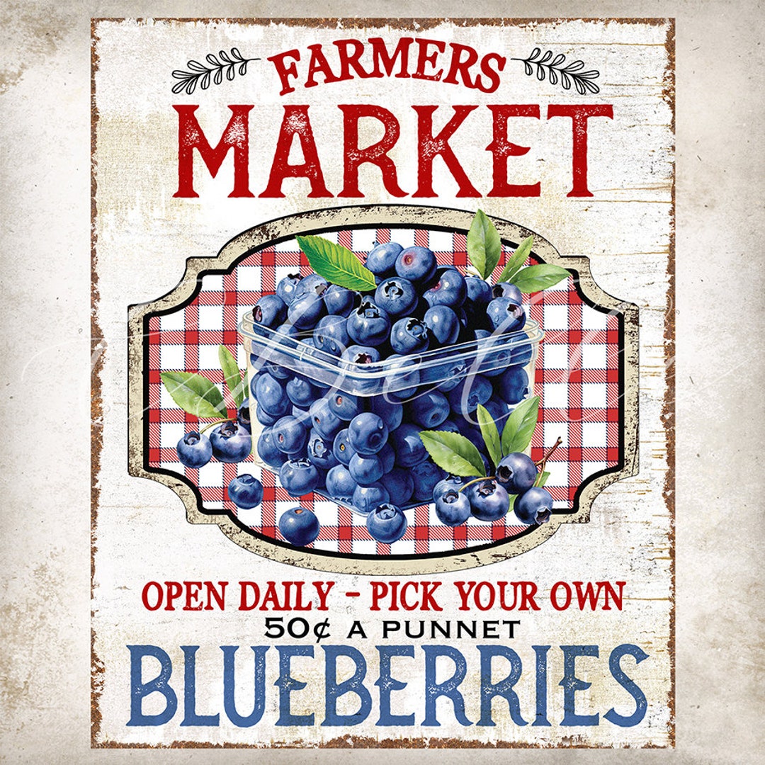 Vintage Farmers Market Blueberries Country Farmhouse Kitchen DIY Fruit ...