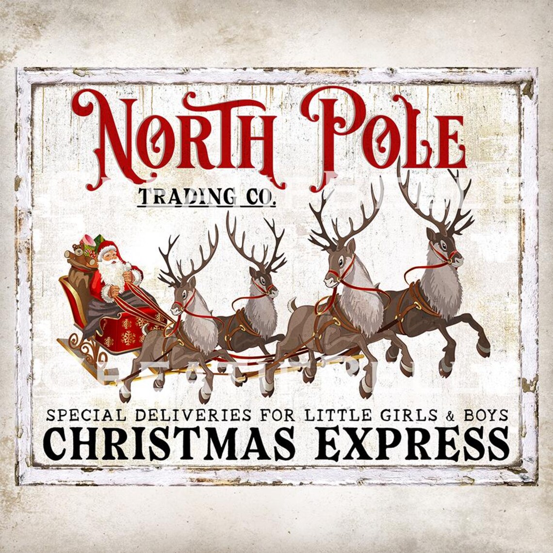 Vintage Retro Flying Santa Reindeer North Pole Express Farmhouse ...
