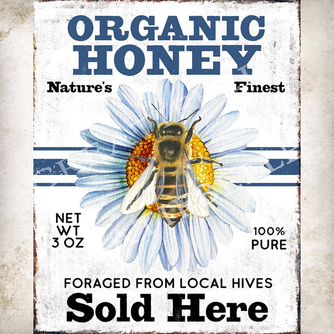 Rustic Farm Style Honey Bee Farmhouse Kitchen DIY Sign Honey Jar Label ...