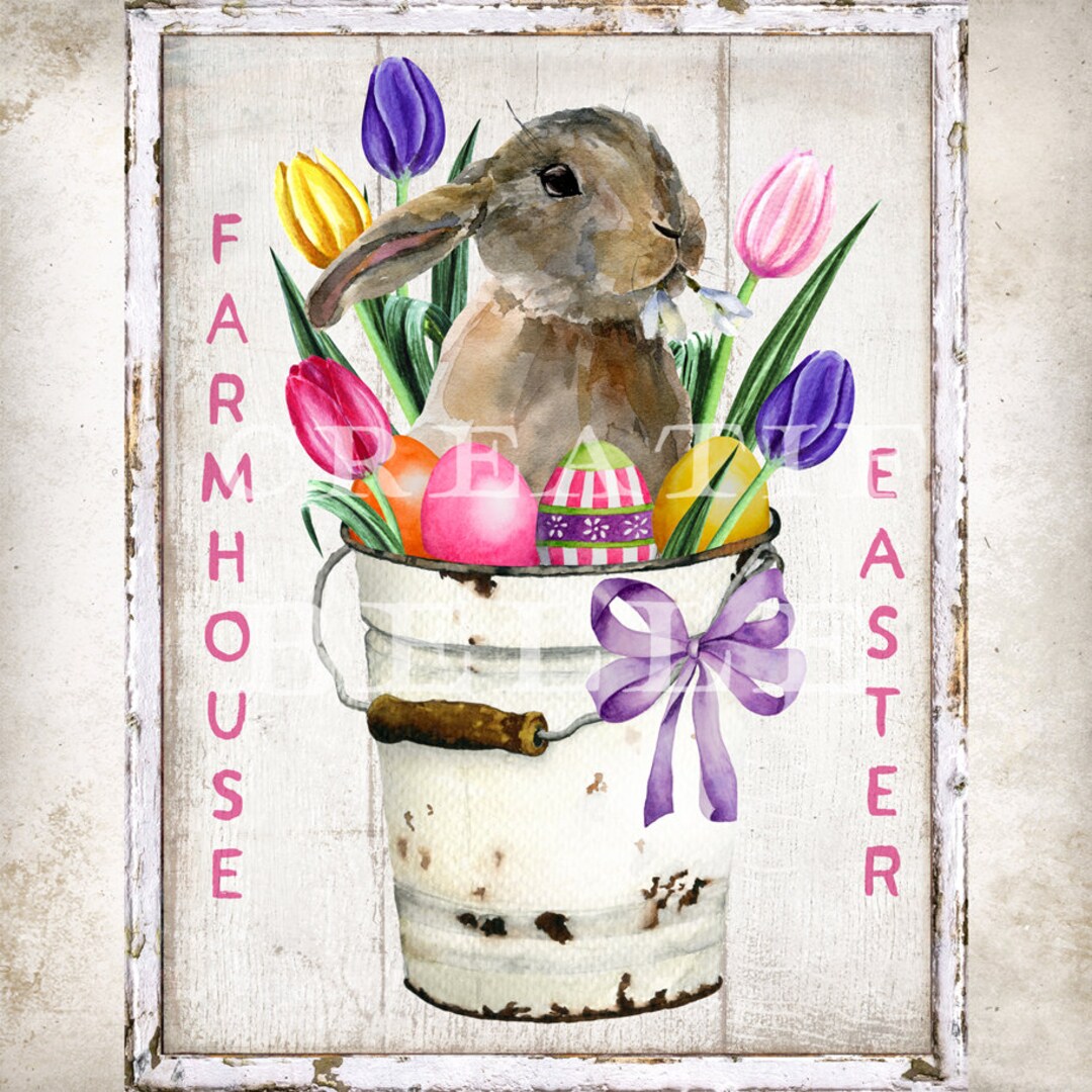 Farmhouse Easter Bunny Rabbit in Bucket With Tulips and Easter Eggs ...