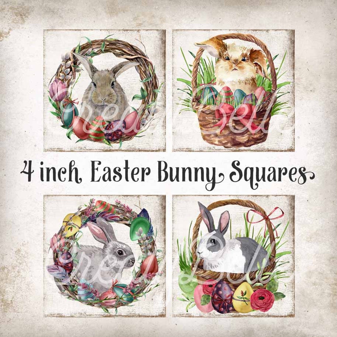 4 Inch Easter Bunny Rabbit Squares, Easter Fabric Block, Easter Wreath ...