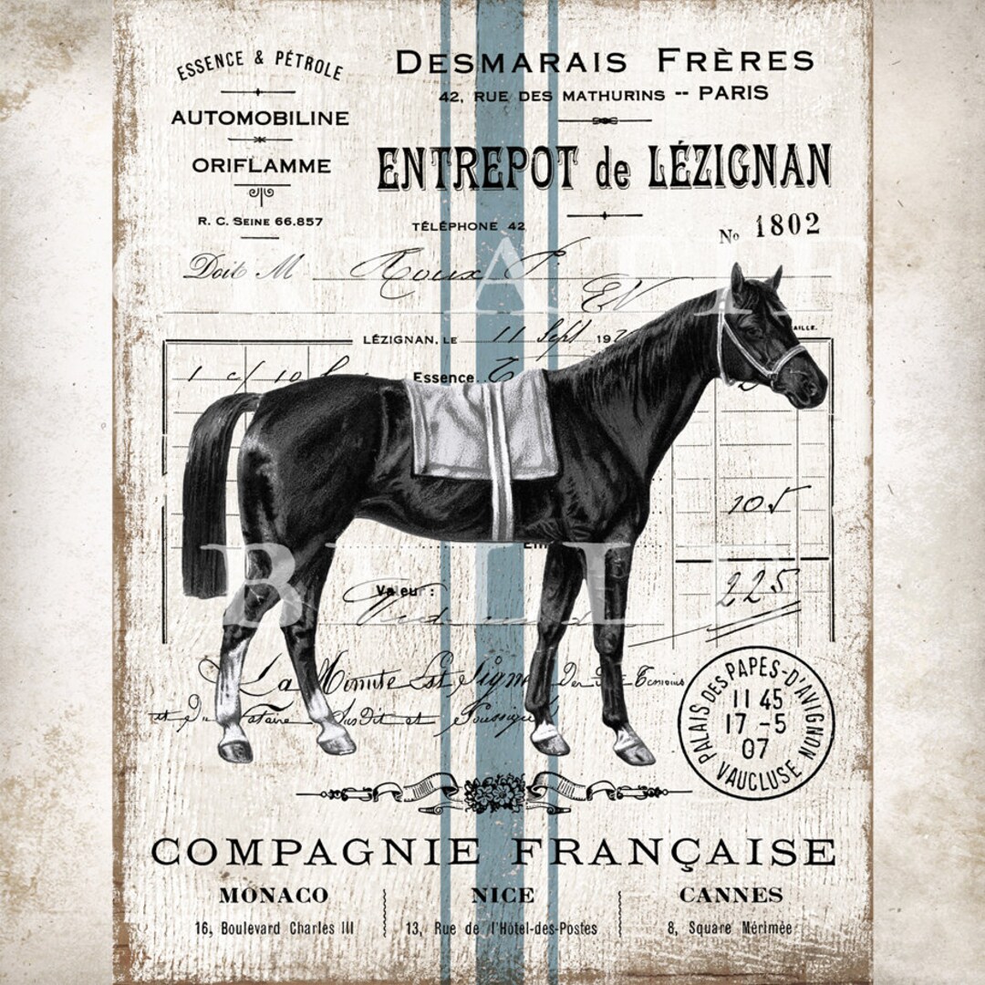 Vintage French Rustic Grain Sack Style Horse French Ephemera Invoice ...