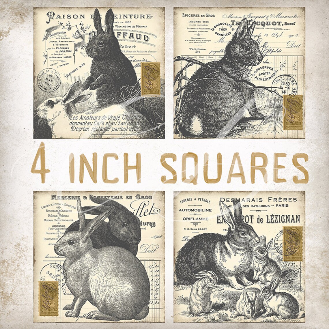 4 French Style Vintage Easter Bunny Rabbit Squares Coaster Transfer ...