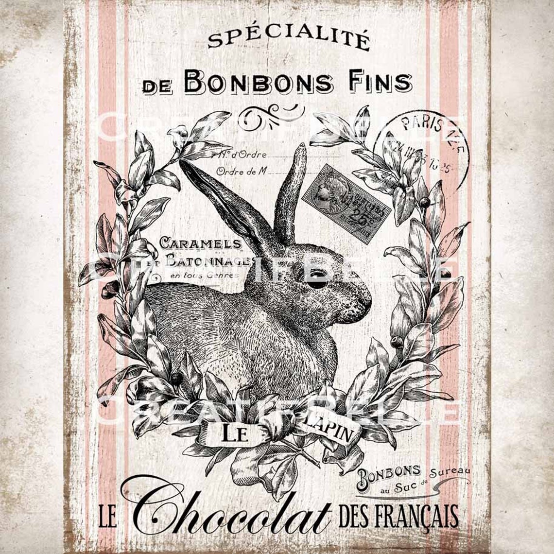 French Vintage Rustic Easter Rabbit, Easter Pillow Transfer, Easter ...