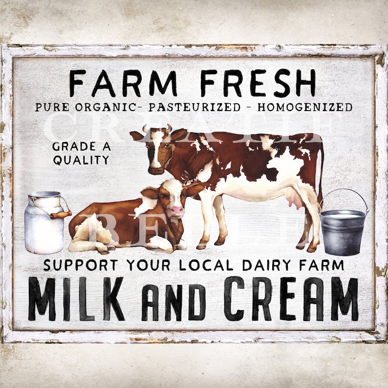 Farm Fresh Milk and Cream Dairy Cow Sign Modern Farmhouse Kitchen Wall Art Farm Style Wreath ...