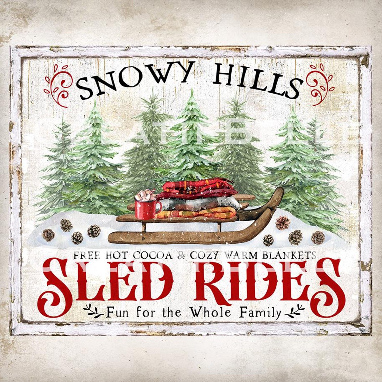 Vintage Christmas Sled Rides Farmhouse Holiday Home Decor Wall Art DIY ...