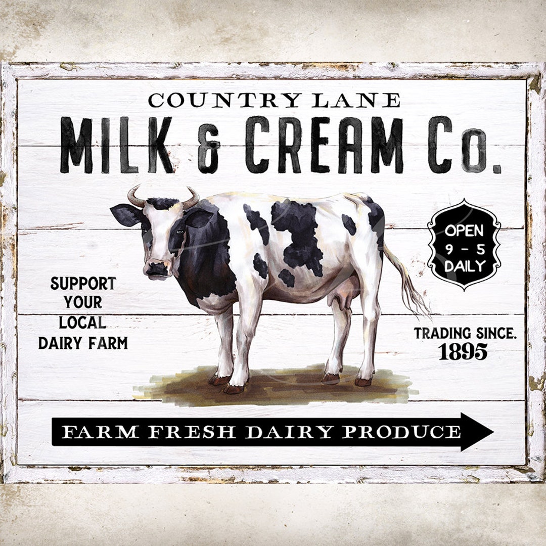 Farmhouse Milk & Cream Co Cow Sign, Rustic Dairy Cow Wood Sign ...