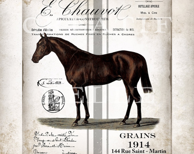 French Vintage Rustic Horse Sign Equestrian Horse Grain Sack Transfer ...