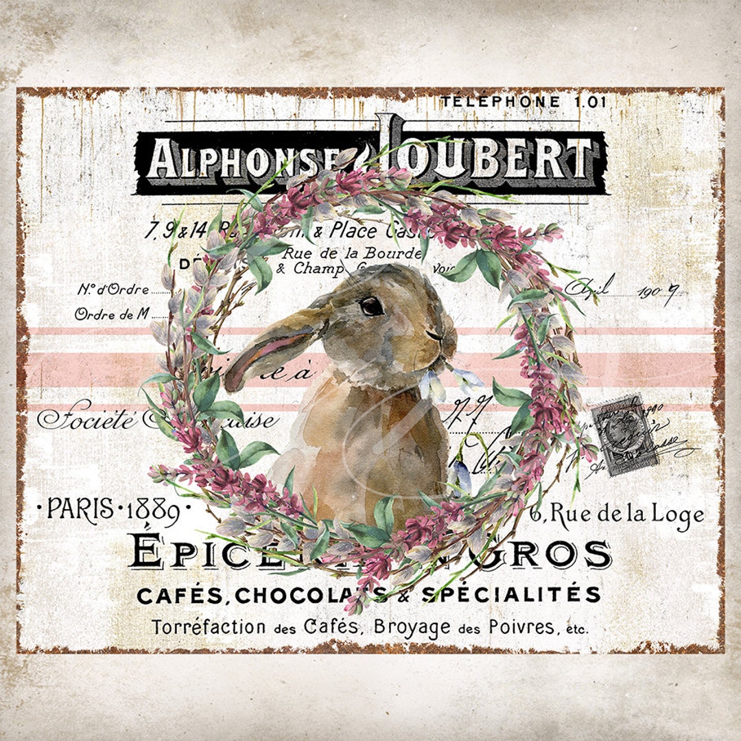 Vintage Rustic French Bunny Rabbit Farmhouse Easter Home Decor DIY Sign ...