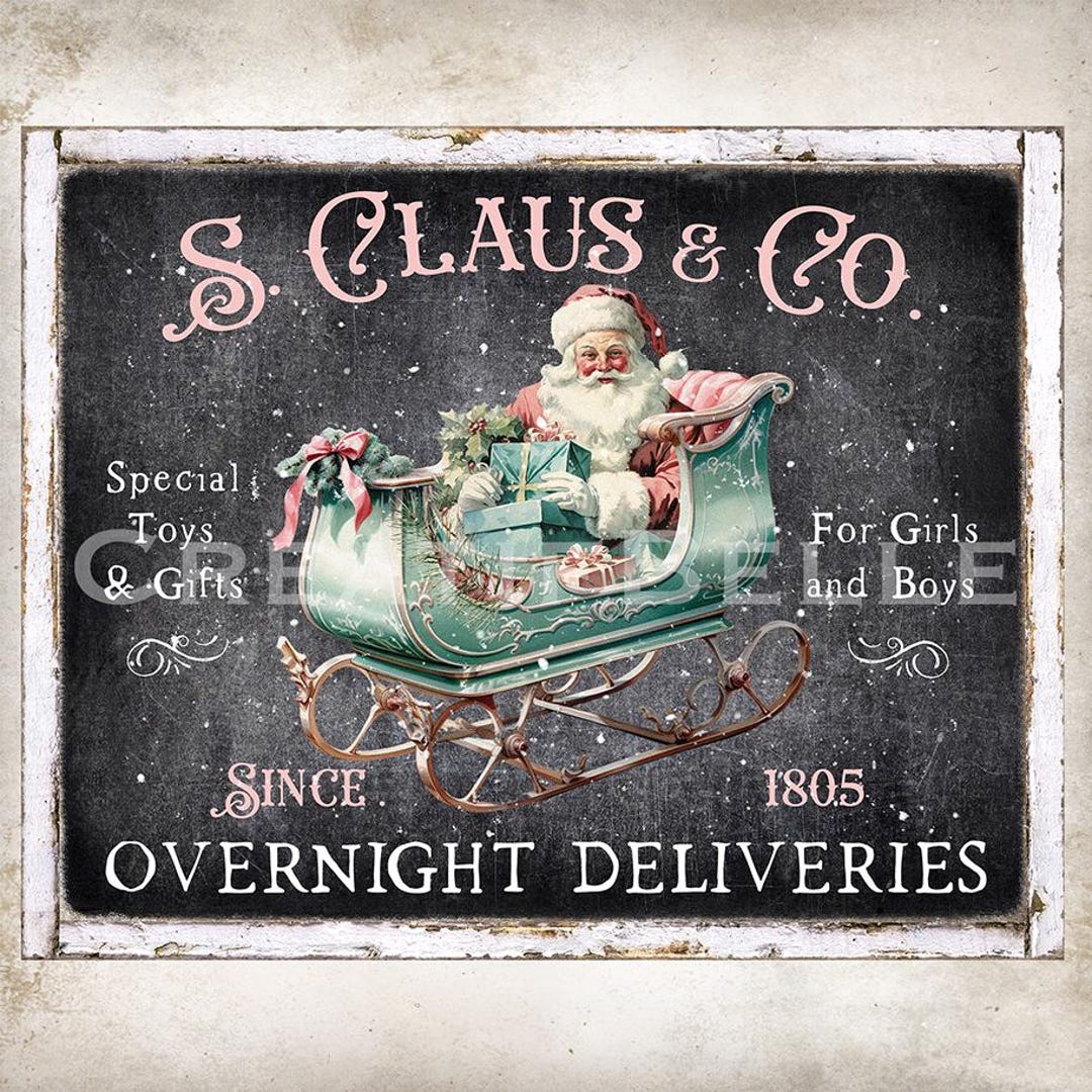 Shabby Chic Pink and Mint Chalkboard Santa Claus & Sleigh Farmhouse ...