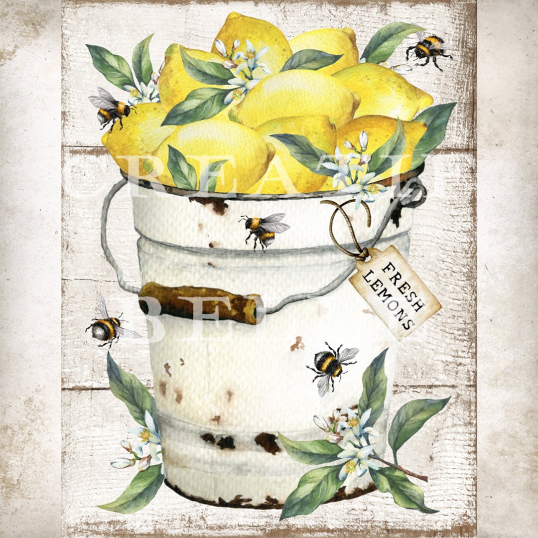 Farmhouse Bucket of Lemons , Blossoms and Bees Sign Vintage Fruit Sign ...
