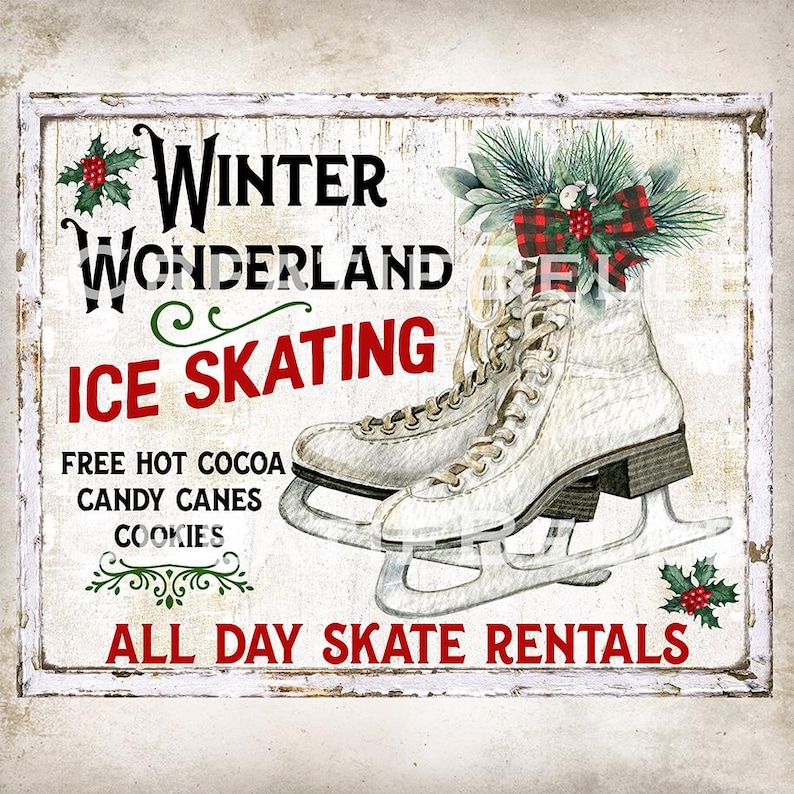 Winter Wonderland Ice Skating Farmhouse Christmas Home Decor Wall Art ...