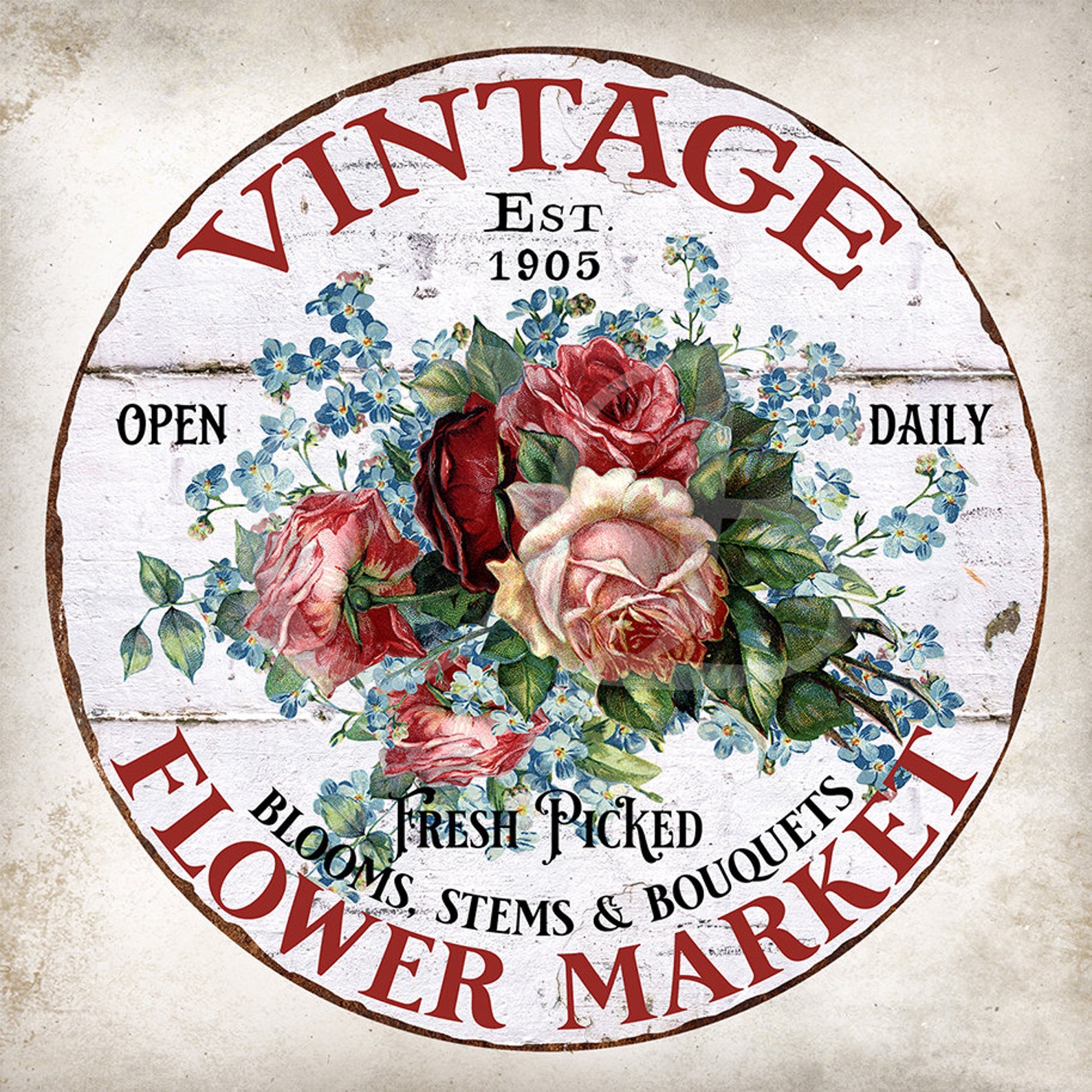 8 Inch Vintage Flower Market Circle Farmhouse DIY Door Hanging Sign ...