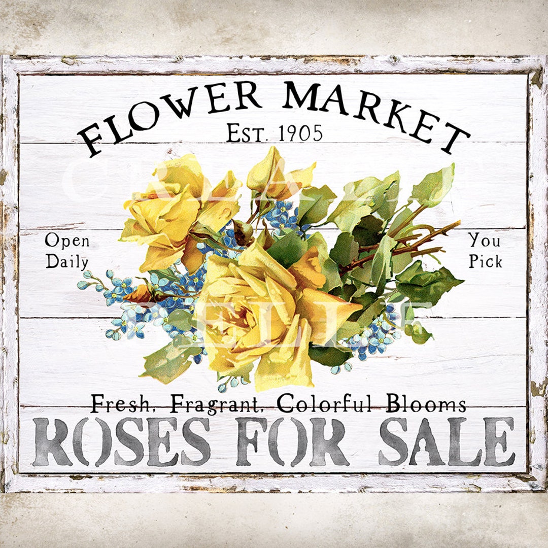 Flower Market, Yellow Victorian Roses, Farmhouse Floral Wall Sign ...