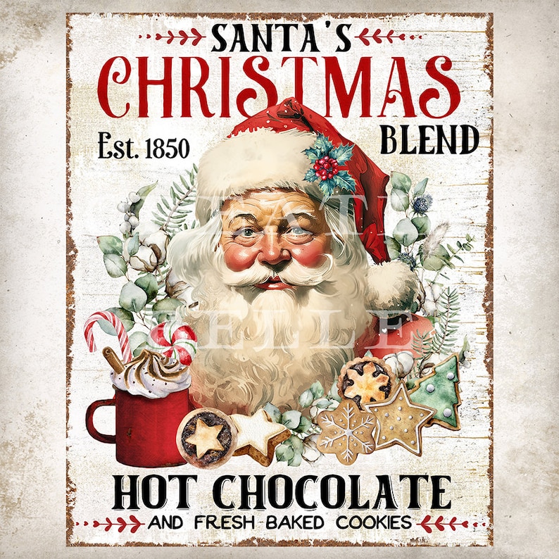 Vintage Santa Hot Chocolate Farmhouse Christmas Home Decor DIY Sign ...