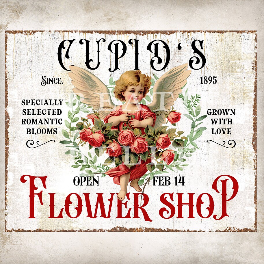 Valentine's Day Cupid's Flower Shop Vintage Angel Cherub Farmhouse ...