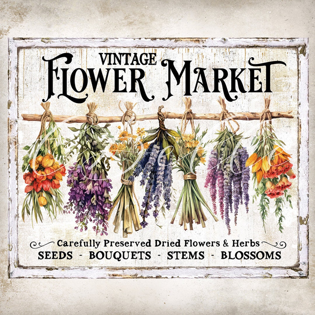 Vintage Flower Market Rustic Farmhouse DIY Kitchen Floral Herbs Sign ...