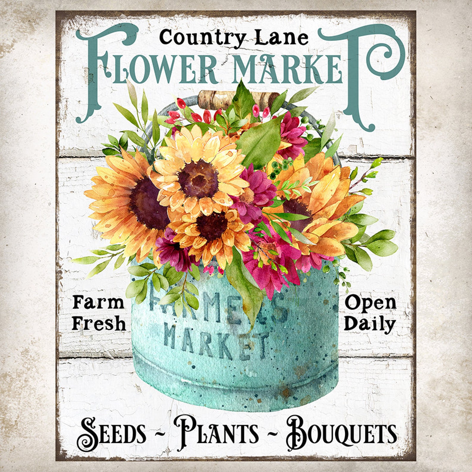 Flower Market Sunflowers Chrysanthemums Bucket Farmhouse Home Decor DIY ...