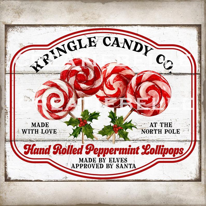 Kringle Candy Co. Peppermint Lollipops Retro Christmas Candy Label ...