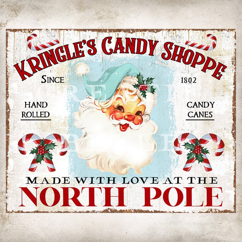 Kringle's Candy Shop Candy Canes Retro Santa Claus Farmhouse Christmas ...