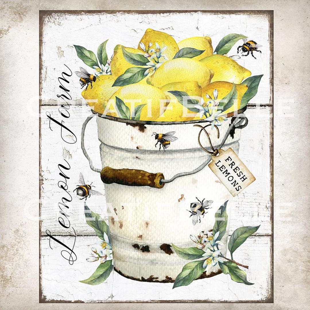 Farmhouse Bucket of Lemons , Blossoms and Bees Sign Vintage Fruit DIY ...