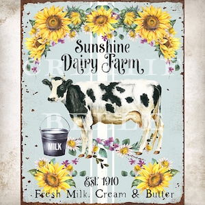 Vintage Dairy Cow and Sunflowers, Grain Sack, Farmhouse Dairy Cow ...