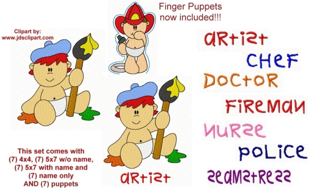 35 Occupational Babies Embroidery Design Files 4x4 With Finger Puppets ...