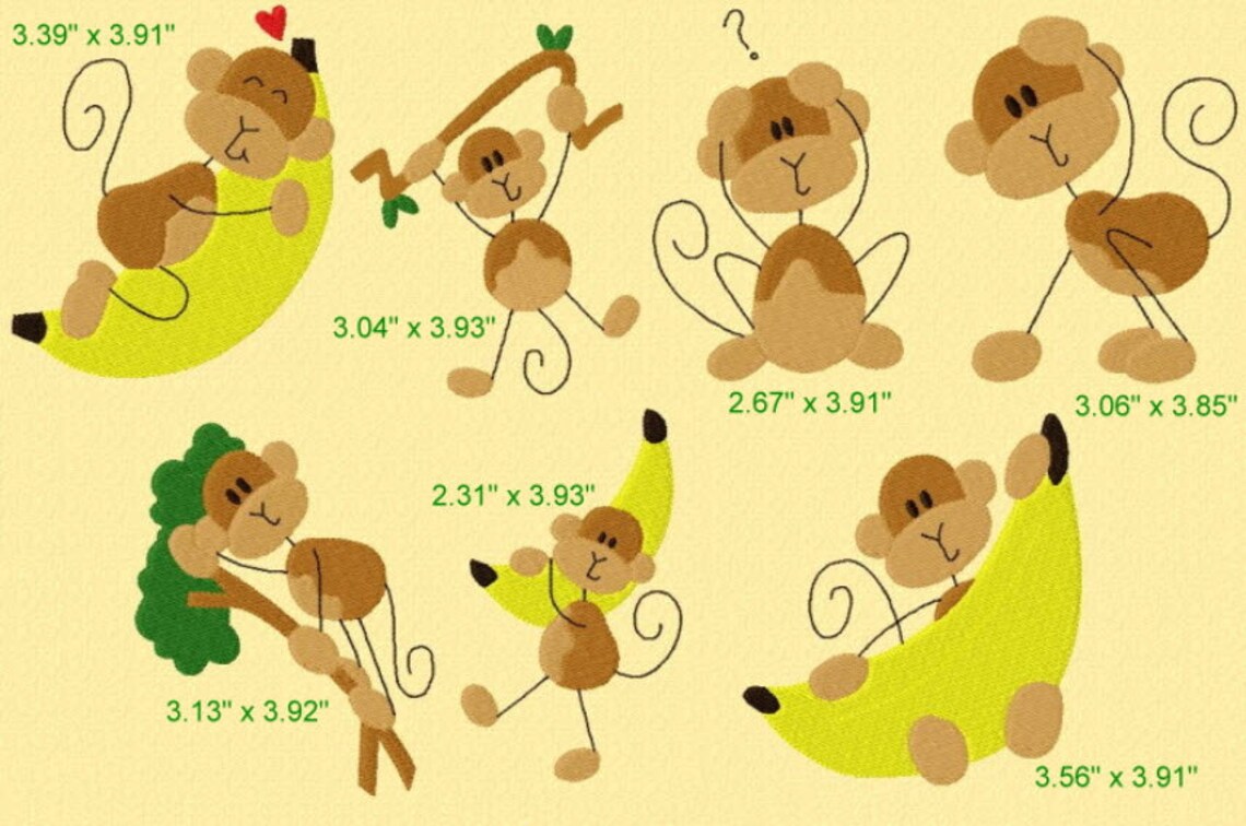 21 Stick Monkey Machine Embroidery Design Files 4x4 With Finger Puppets ...